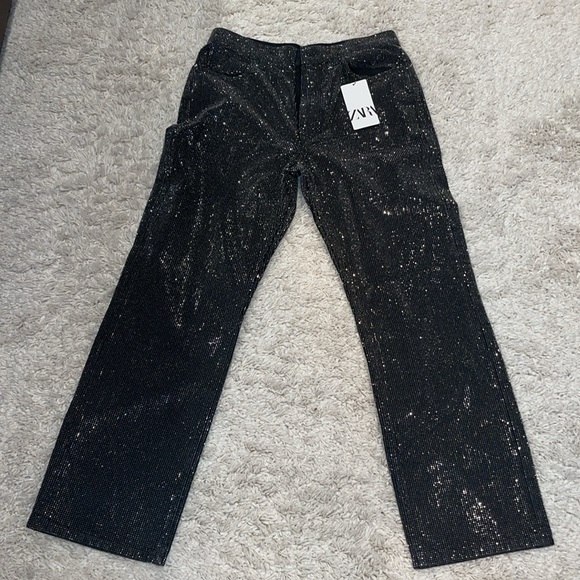 Zara | Jeans | Zara Straight Cut Mid Rise Rhinestone Jeans S S Nwt Size ...
